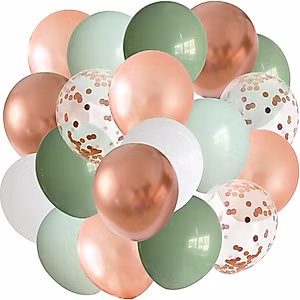 ANSOMO Sage Green and Rose Gold Latex Balloons 12 Inch 50 Pcs Party Decorations Matte White Pink Spring Chrome Confetti Balloons Wedding Birthday Bridal Baby Shower Graduation Décor Supplies