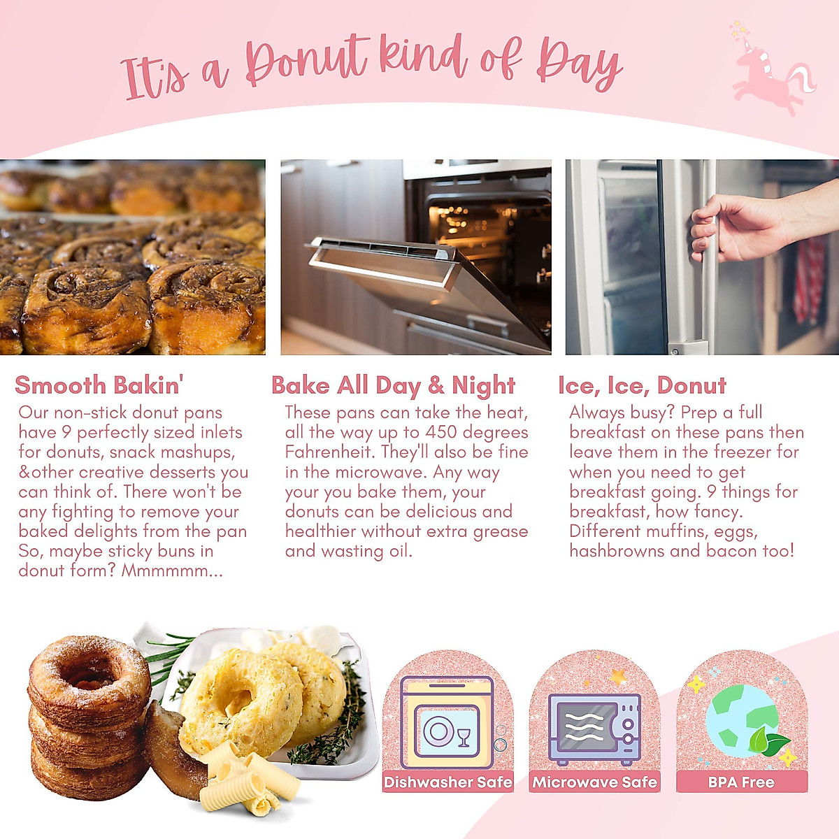 Large Non-Stick 100% LFGB Grade Silicone Donut Pan, Makes 9 Full Size Donuts, Oven, Dishwasher and Freezer Safe Donut Mold by Unicorn Glitter LLC