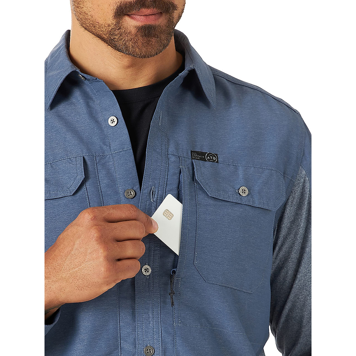 ATG by Wrangler Men's Long Sleeve Mixed Material Shirt, Vintage Indigo, Large