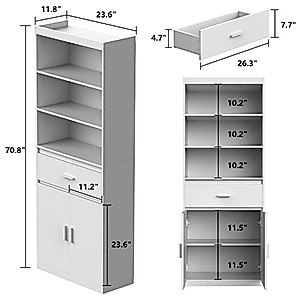 AIEGLE Tall Bookcase Storage Cabinet with Drawer & 3-Tiers Shelf, Wooden Bookshelf Display Cabinet with 2 Doors for Living Room Office, Dark Walnut (23.6" W x 11.8" D x 70.8" H)