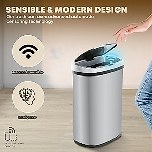NChanmar Bathroom Trash Can with Lid, 13 Gallon 50 Liter Kitchen Trash Can, Portable Garbage Can for Bathroom, Bedroom, Office, Automatic Trash Can for Kitchen, Automatic Touch Free(Silver)
