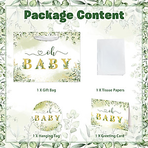 Mpanwen 16" Large Sage Green Baby Gift Bag, Baby Gift Bag for Girl Boy with Tissue Papers and Card