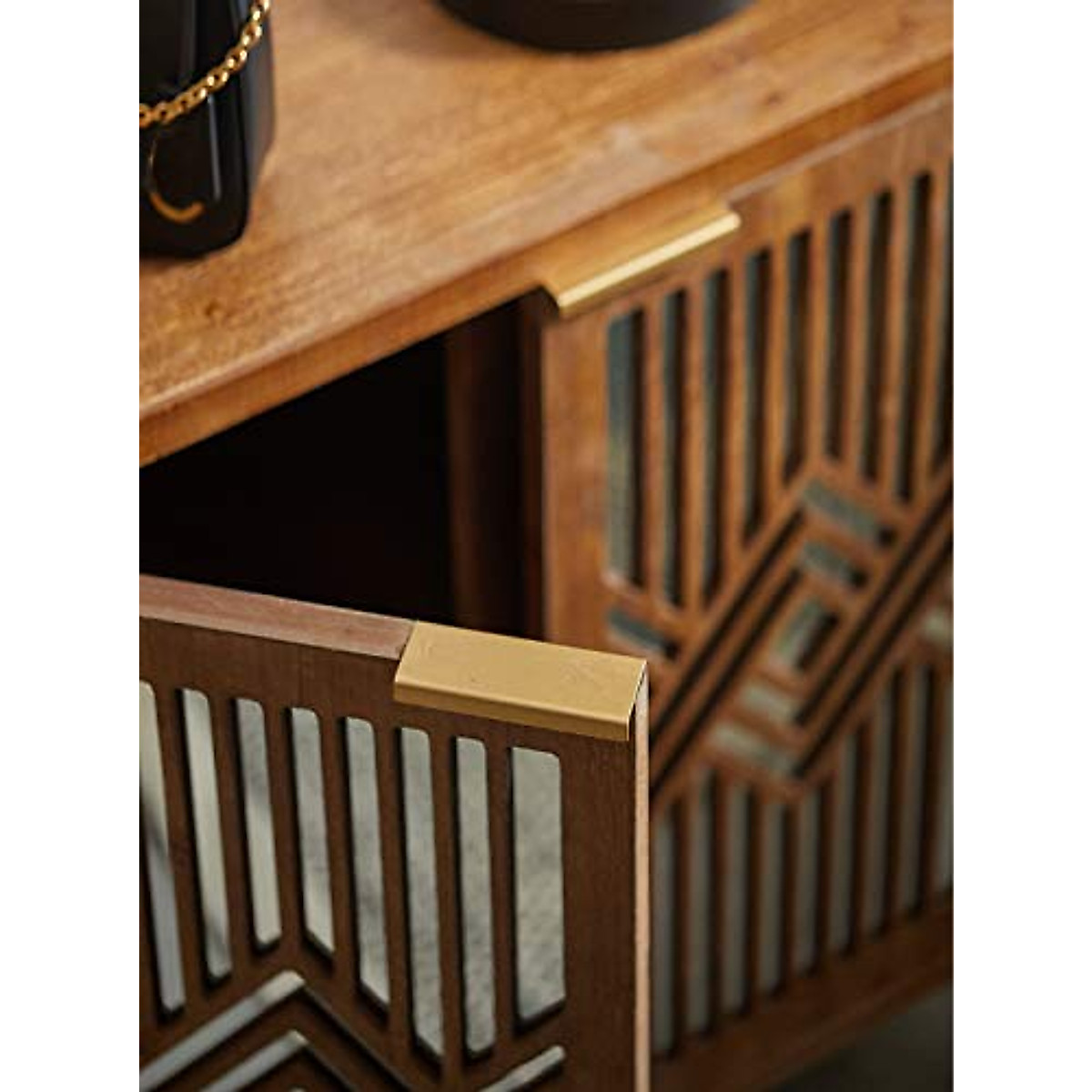 COZAYH 2 Door Accent Cabinet Modern Mirror Fronts Clean-Lined Silhouette, Natural