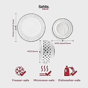 Safdie & Co. - Black & White Sketch Plates and Bowls Sets, Modern Dinnerware Set, Kitchen Dinnerware Sets, Indoor and Outdoor Plates, 12-Piece Kitchen Plates and Bowls Set, Dishwasher Safe