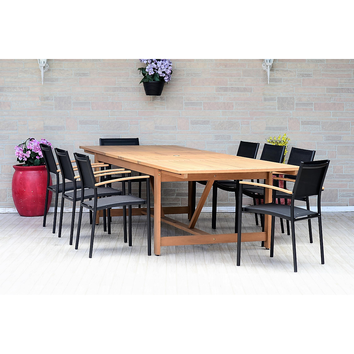 Amazonia Trentino 9 Piece Extendable Patio Dining Set Table and Sling Black Chairs| Durable, Quick Dry Ideal for Outdoors, Light Brown-Teak Finish