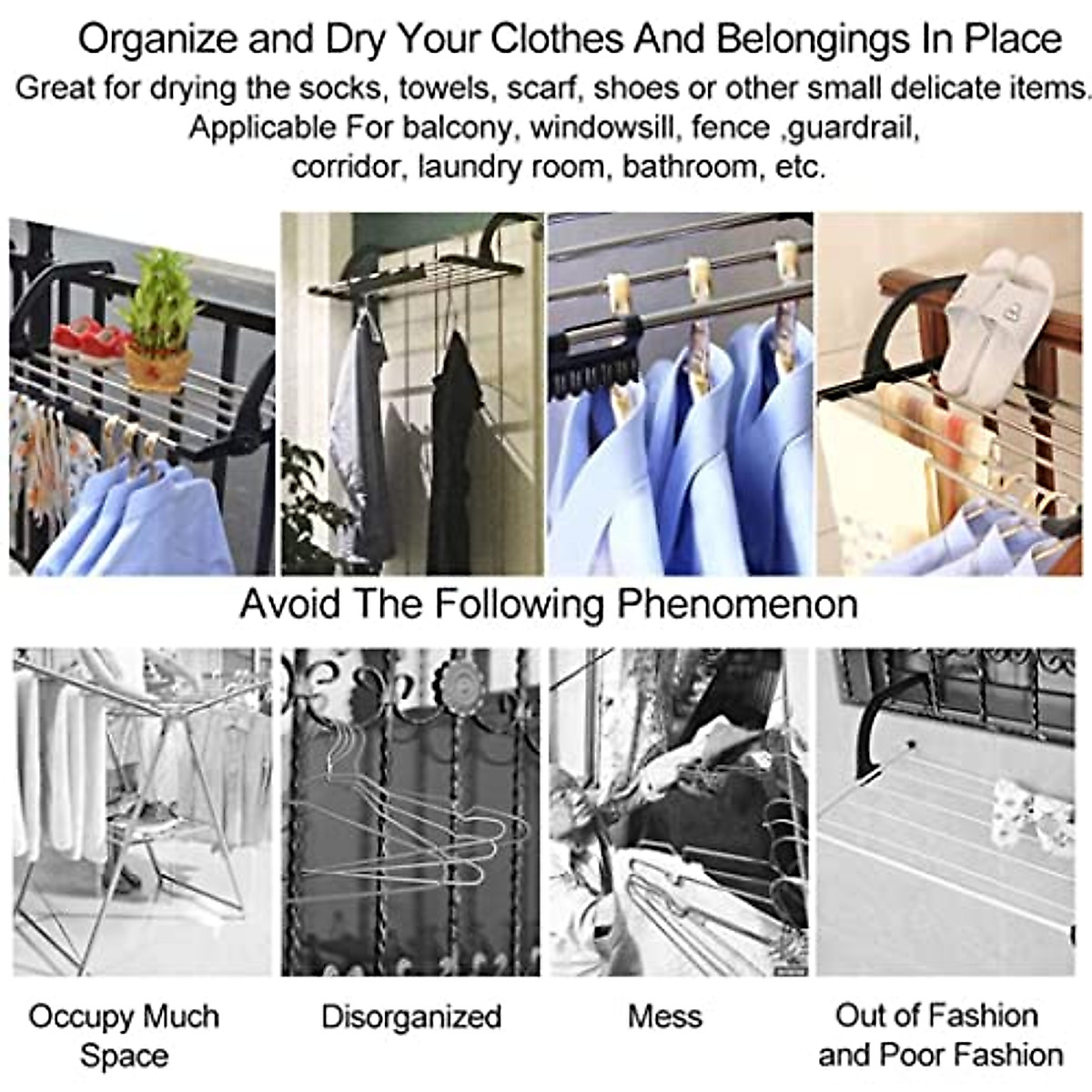 Clothes Airer, Balcony Drying Rack Stainless Steel Clothes Dryer Folding Shoes Rack Laundry Holder Hanging Laundry Rack Clothes Radiator Airer with Multiple Adjustment Hook for Clothes