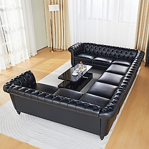 QHITTY U-Shaped Sofa, Sectional Chesterfield Leather Faux Couch 9-Seater Upholstered Large Accent Tufted Sofa with Rolled Armrest and Nailhead Design for Living Room, Apartment, Office (Black)