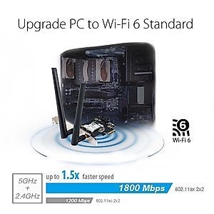 ASUS AX1800 PCIe WiFi Adapter (PCE-AX1800) - WiFi 6, Bluetooth 5.2, Ultra-Low Latency Wireless, 2 External Antenna, Supporting Total Data Rate up to 1800Mbps, WPA3 Network Security, OFDMA and MU-MIMO