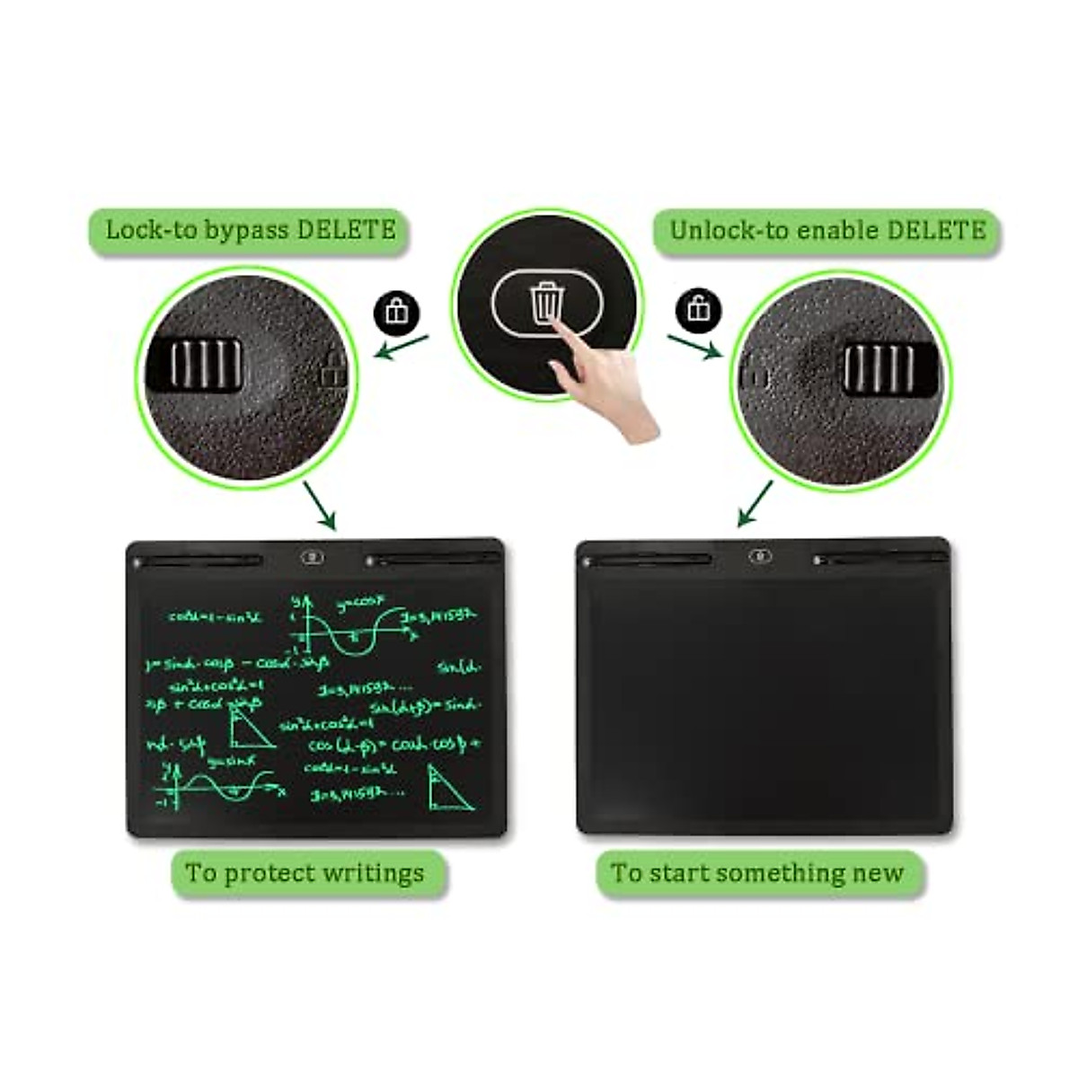 Large LCD Writing Tablet 16 Inch Screen 4 Adult & Kid, Standalone Electronic Graphic Drawing & Doodle Pad No Computer Needed, Erasable Message Board w 2 Styluses, (Black Case, Green Writing Color)