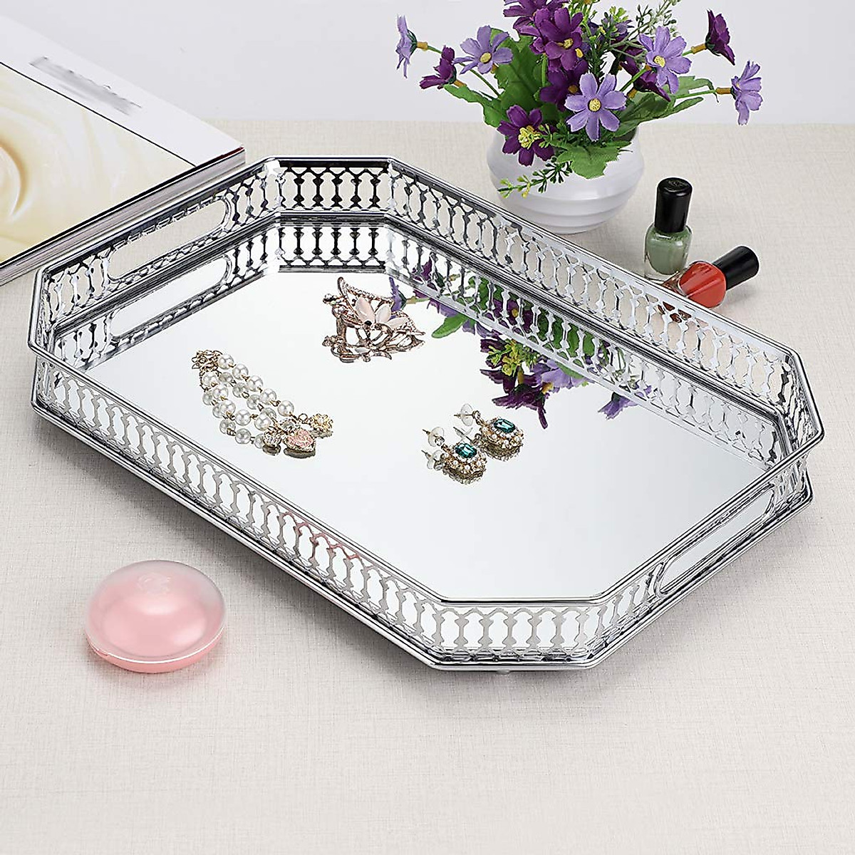 Hipiwe Vanity Makeup Mirror Tray - 13.8" X10" Metal Jewelry Trinket Organizer Tray Cosmetic Perfume Tray Home Decorative Tray for Dresser Bathroom Bedroom Countertop,Large Size