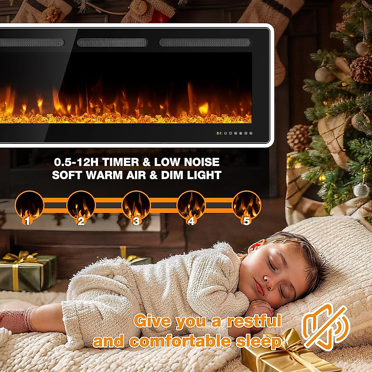 Manastin 50" Electric Fireplace Insert Ultra-Thin Recessed Wall Mounted Fireplace Insert 750/1500W Adjustable Flame Linear Fireplace Heater with 12h Timer/Remote Control/Touch Screen/Crystal Stone