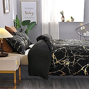 Holawakaka Black Gold Metallic Marble Duvet Cover Set Queen Size Foil Print Glitter Bedding Set (Black Queen, No Comforter)