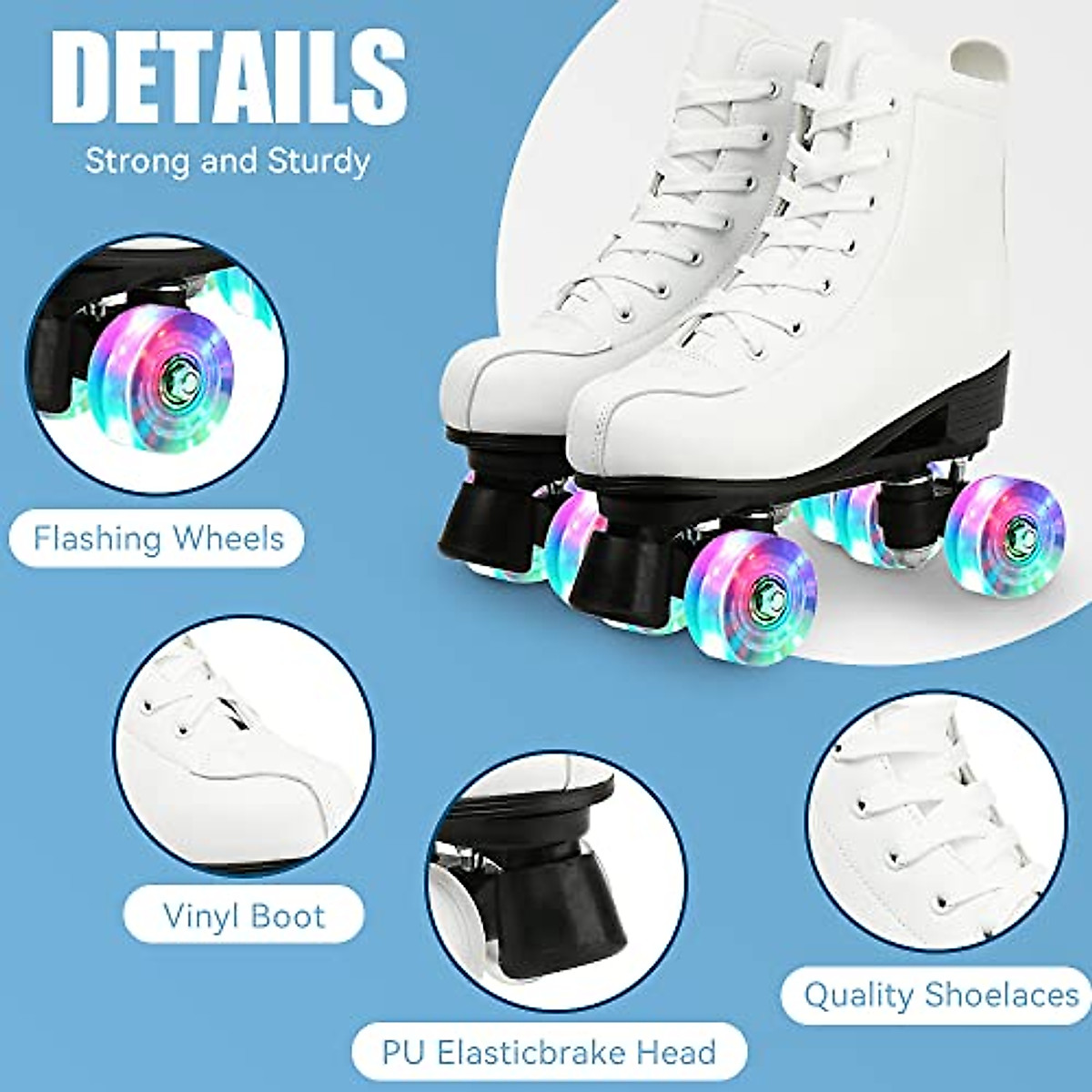 Women's Roller Skates PU Leather High-top Roller Skates Four-Wheel Roller Skates Double Row Shiny Roller Skates for Indoor Outdoor (White Flash,43-US: 10)