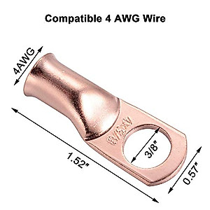 10 Pcs Copper Lugs Ring Terminals Connectors, 3/8” Stud Size for 4 AWG Wire. Battery Cable Ends