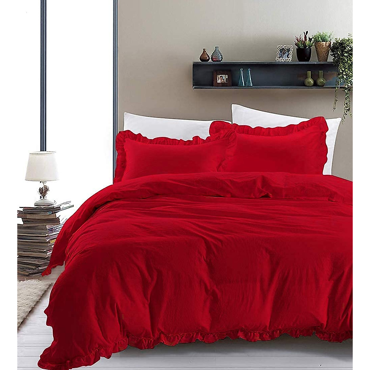 Xtream Fabric 1 Piece Frilled Duvet Cover with Corner Edge Ruffle Comforter Cover & 2 Pillowcase, 3 PCs Frilled Duvet Set Cotton 800 TC King/California King Size, Red