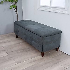 Panana Rectangle Tufted Lift Top Storage Ottoman Bench, Footstool with Solid Wood Legs Upholstered Storage Bench, Gray Linen Fabric