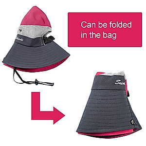 Norme 2 Pieces Women's Outdoor Sun Hat UV Protection Foldable Mesh Wide Brim Beach Fishing Cap Ponytail(Watermelon Red, Pink)