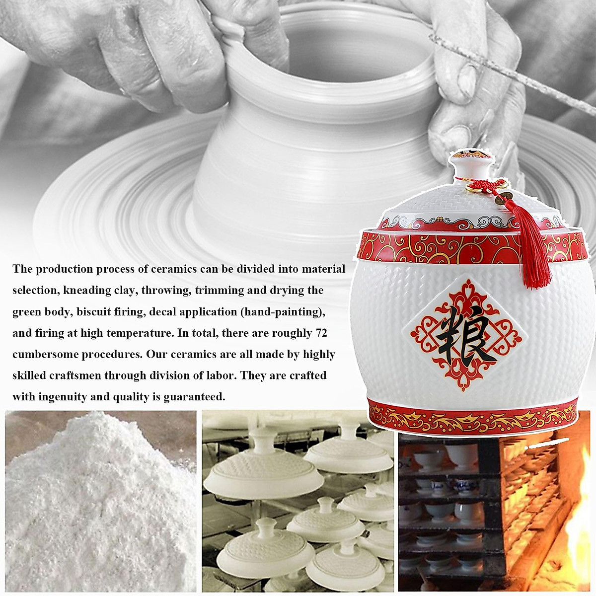 Ceramic Rice Jar With Lid Traditional Chinese Style Food Storage Jars Classic Food Dispensers Ceramic Household Rice Storage Box With Lid Suitable For Cereal, Flour, Sugar, Coffee, Rice(C-30*30*35cm)