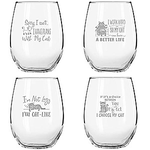 Funny Cat Stemless Wine Glasses Set of 4 | Hilarious Cat Gift Idea for Women, Pet Owners and Wine Lovers | 15 oz. Funny Cat Wine Glass with Cute Messages | Dishwasher Safe | Made in USA
