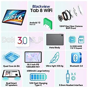 Blackview Tablet Android 12 Tab 8 WiFi Tablets 10.1 Inch 7GB(4+3 Expand) RAM+64GB/1TB ROM Quad Core Processor 6580mAh 1280×800 HD+IPS Display 13MP+8MP Daul Camera WiFi 6 BT 5.0 GMS Gray