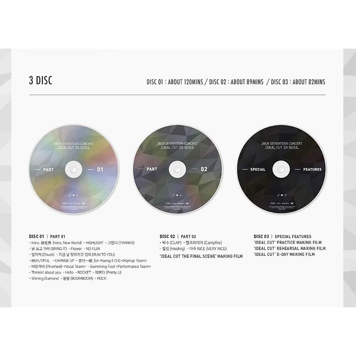 GENIE MUSIC Seventeen - 2018 Seventeen Concert Ideal Cut in Seoul DVD 3Discs+152p Photobook+On Pack Poster+1Sticker+1Photocard+Double Side Extra Photocards Set