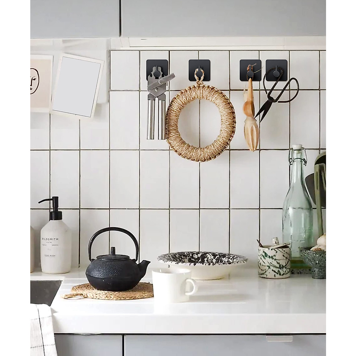 xdgeLoad Adhesive Towel Hooks for Bathroom, Adhesive Heavy Duty Towel Hooks 8 Pack, Towel Holders for Hanging/Bathroom/Kitchen/Robe, Black Stainless Steel Matte Towel Wall Hooks without Punching