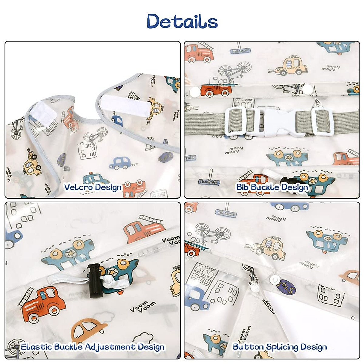 Vicloon Coverall Baby Feeding Bib, 2 In 1Weaning Bibs Attaches to Highchair and TableWeaning, Long Sleeve Bib with Waterproof, Baby Bibs for Feeding, Adjustable,Machine Washable(Car Pattern)