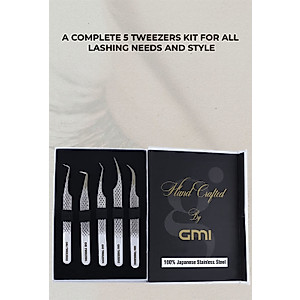 GMI Lash Tweezers - Set of 5 Eyelash Tweezers - Stainless Steel Eyelash Extension Tweezers - Multipurpose Lash Tweezers for Eyelash Extensions for Individual.