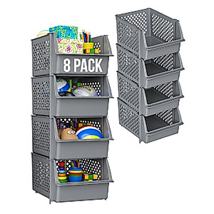 Skywin Stackable Storage Bins for Pantry - 8 Pack Stackable Bins For Organizing Food, Kitchen, and Bathroom Essentials (Grey)