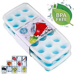 Ice Cube Trays Easy Release-Odor free,Spill Resistant Lid Included,2 Pack, Small Size, Stackable 42 Cubes,Silicone(Blue)
