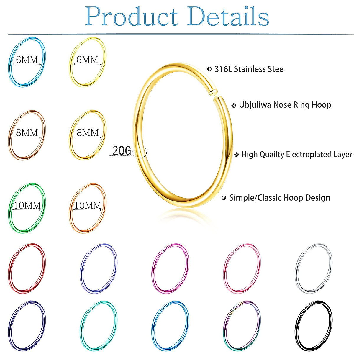 Ubjuliwa 48Pcs 20G Nose Rings Hoop for Women Men 316L Stainless Steel Helix Tragus Piercing Lip Septum Rings Cartilage Earring Hoop Piercing Jewelry