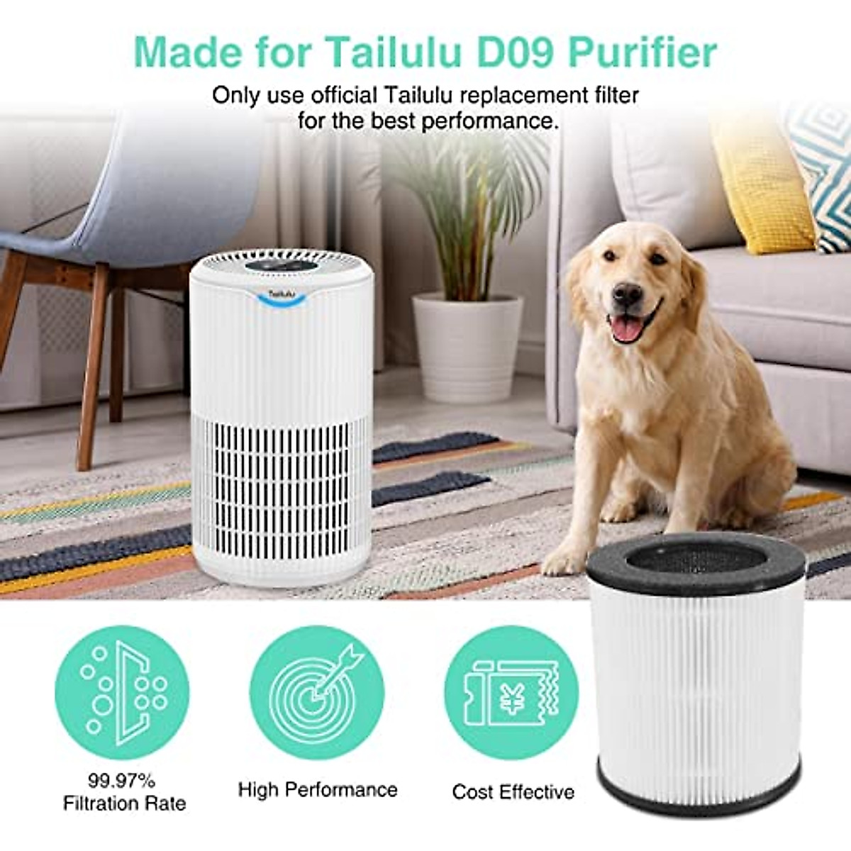Air Purifiers for Home Large Room Up to 1345 Ft², Tailulu H13 True HEPA Air Filter Purify Smoke Pollen Pet Dander Dust Smell for Bedroom, Kitchen, Air Cleaner with Replacement Filter