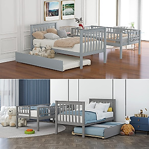 Harper & Bright Designs Bunk Beds Twin Over Twin Size, Solid Wood Bunk Bed with Trundle for Kids and Toddler (Grey Bunk Beds with Trundle)
