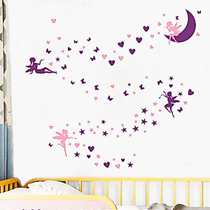IKEYU Fairy Wall Sticker Girls Fairy Wall Decals Nursery Fairies Wall Stickers Butterfly Pink Purple Star Heart Wall Decals for Girls Bedroom Kids Room Decor