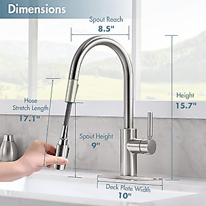 Kitchen Faucet with Pull Down Sprayer OUEN Brushed Nickel Modern Single Handle High Arc Pull Out Kitchen Sink Faucets with Deck Plate for Laundry RV Farmhouse, Brass Structure, 15.7" Height