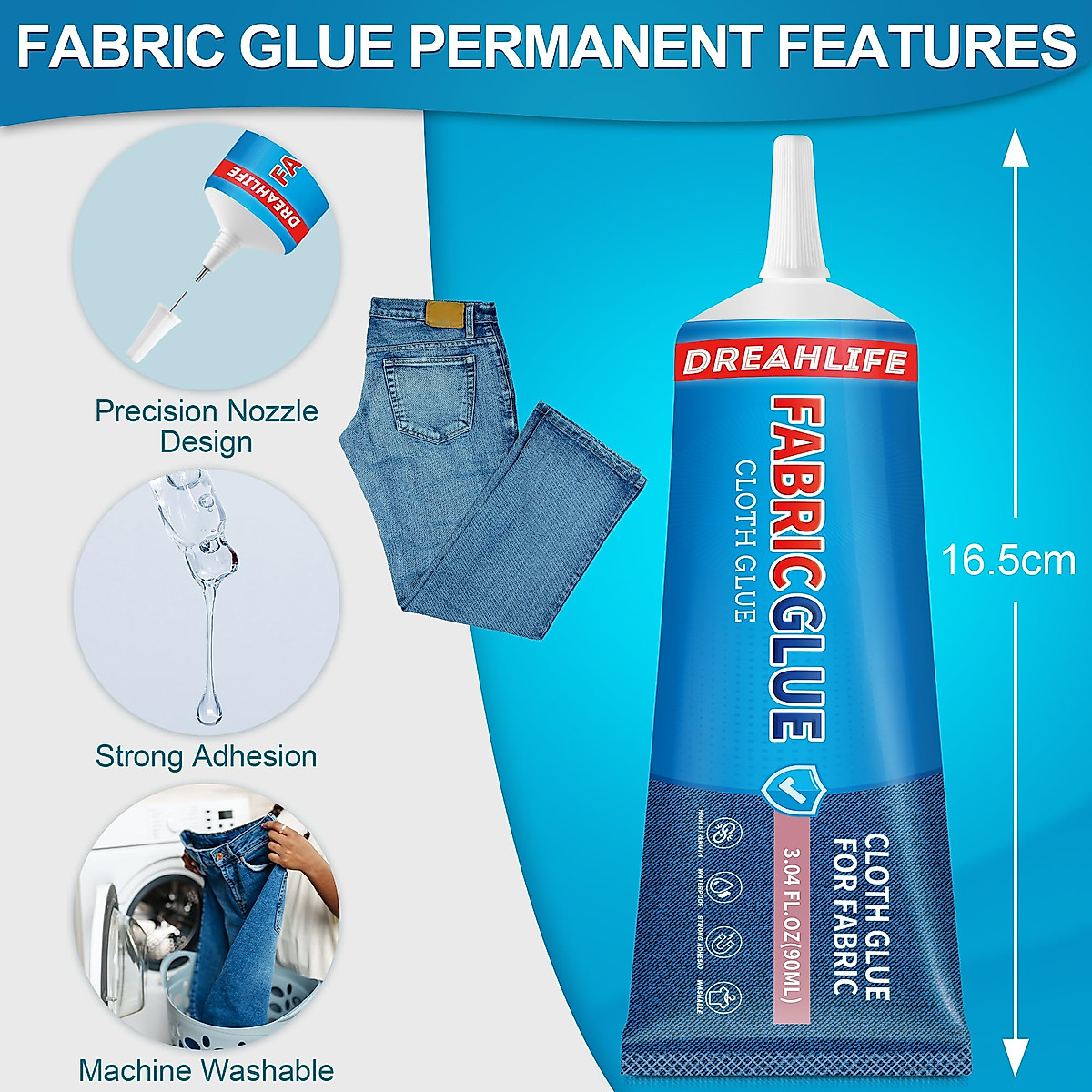 90 ML Fabric Glue, Fabric Glue for Clothing Permanent Washable, Fabric Glue Permanent for All Fabric, Cotton, Flannel, Linen, Denim, Leather, Polyester, Doll Repair, Patches
