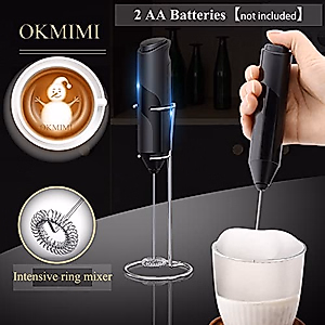 OKMIMI Milk Frother Handheld with Stand, Electric Whisk Drink Mixer for Lattes, Coffee, Cappuccino, Hot chocolate, Battery Operated(not included) Stainless Steel Mini Foamer Cool Kitchen Gadgets