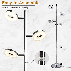 DINGLILIGHTING DLLT Modern 3-Light LED Floor Lamp, Indoor Standing Light with Adjustable Head, Contemporary Tall Pole Tree Corner Lamp, Craft Spotlight Lamps for Living Room, Bedroom, Office, Silver