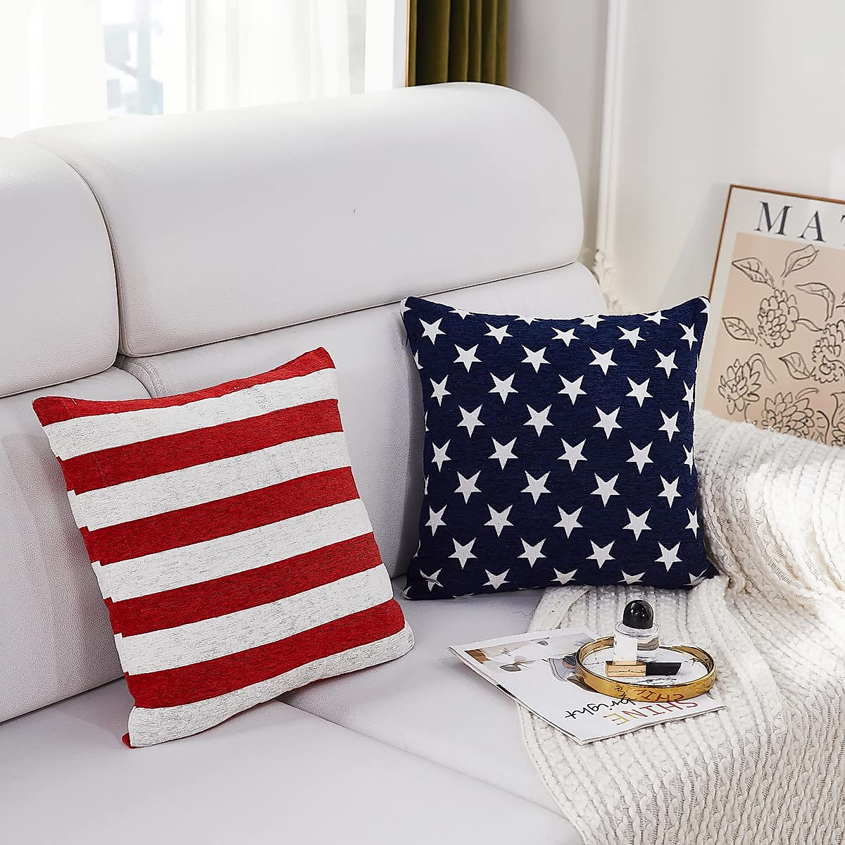 Sunday Praise Set of 2 Soft Chenille Decorative Patriotic Throw Pillow Cover Case Geometric Stars July 4th Accent Square Cushion Cover Case Sham for Couch Sofa Bed Car 18 x 18 Inch 45x45 cm (Blue)