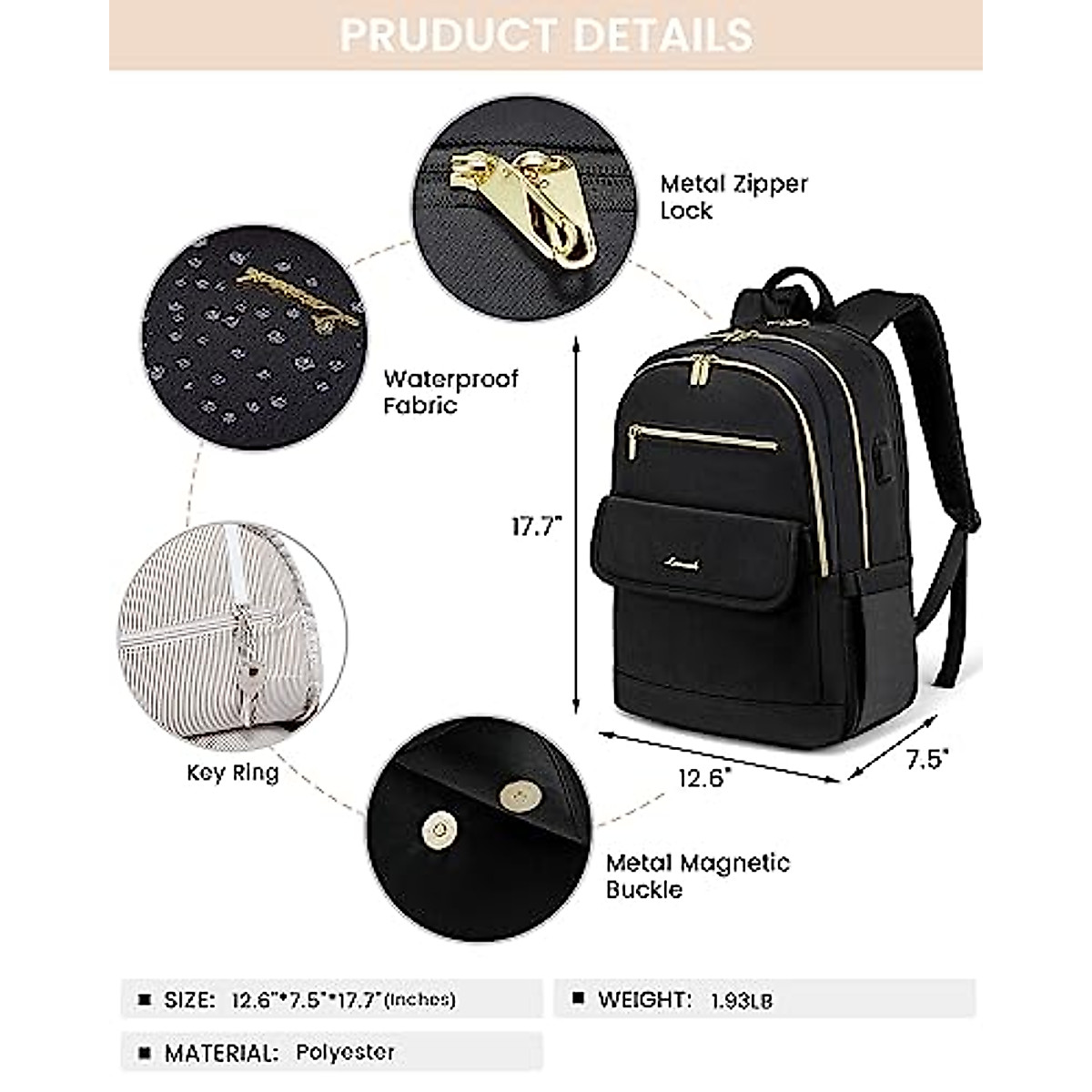 LOVEVOOK Laptop Backpack for Women,15.6 Inch Fashion Travel Backpack,Large Capacity Backpack Purse with USB,Water-resistant fits College Work Business Travel （Black）