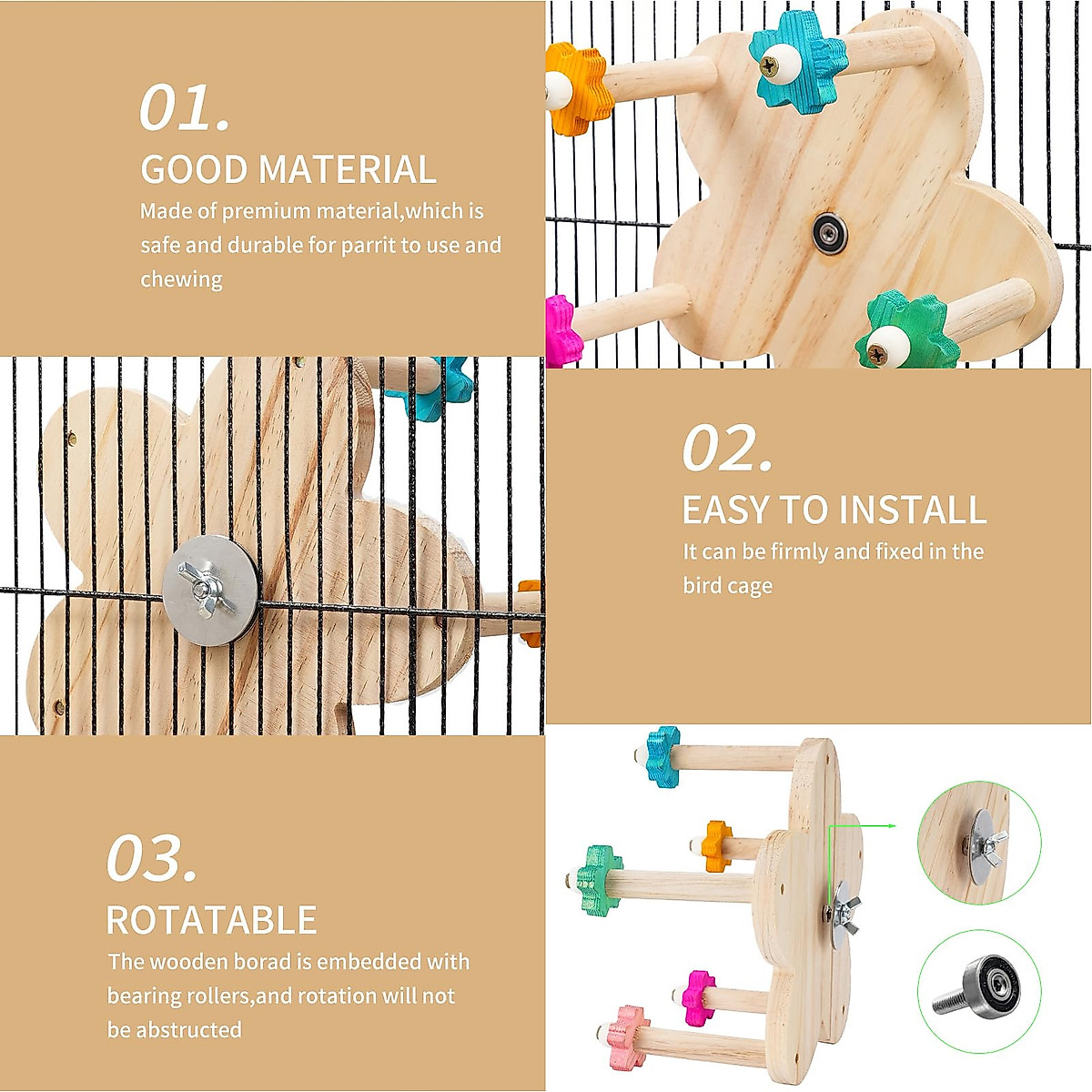 FrgKbTm Wooden Parrots Ferris Wheel Toy with Perches, Bird Toy Rotating Perch Toy, Hanging Bird Stand Cage Accessories for Parakeet Parrot, Cockatiel, Budgerigar,Conure, Lovebirds
