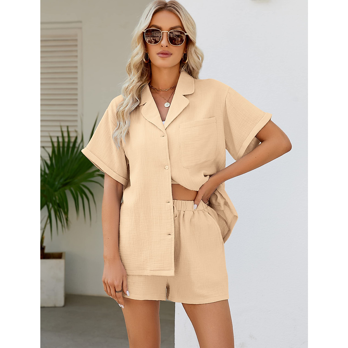 Flygo Women's 2 Piece Shirts Sets Short Sleeve Summer Casual Linen Shirt Elastic Waist Short Sets Outfits(Ginger-XL)