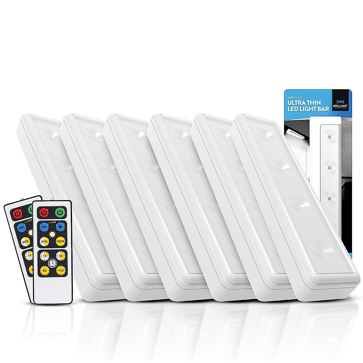 Brilliant Evolution Wireless LED Under Counter Lights with 2 Remote Controls - 6-Pack Battery Operated Under Cabinet Lighting Fixtures - Stick On Push Lights with Timer - Warm White, 8.5x2x1-Inch