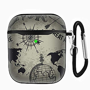 Slim Form Fitted Printing Pattern Cover Case with Carabiner Compatible with Airpods 1 and AirPods 2 / Pattern with Vintage Globe, Compass, World map and Wind Rose