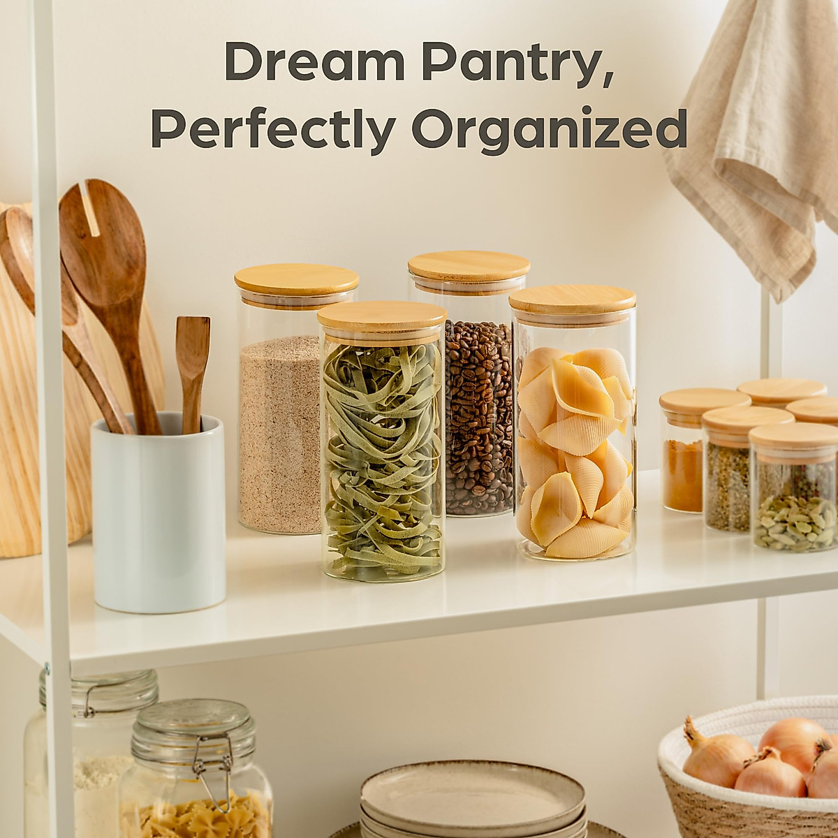 Praknu Glass Food Storage Jars 40oz - Set of 4 Airtight Storage Container with Bamboo Lid - Clear Borosilicate Glass - Dishwasher Safe - Pantry Storage Containers