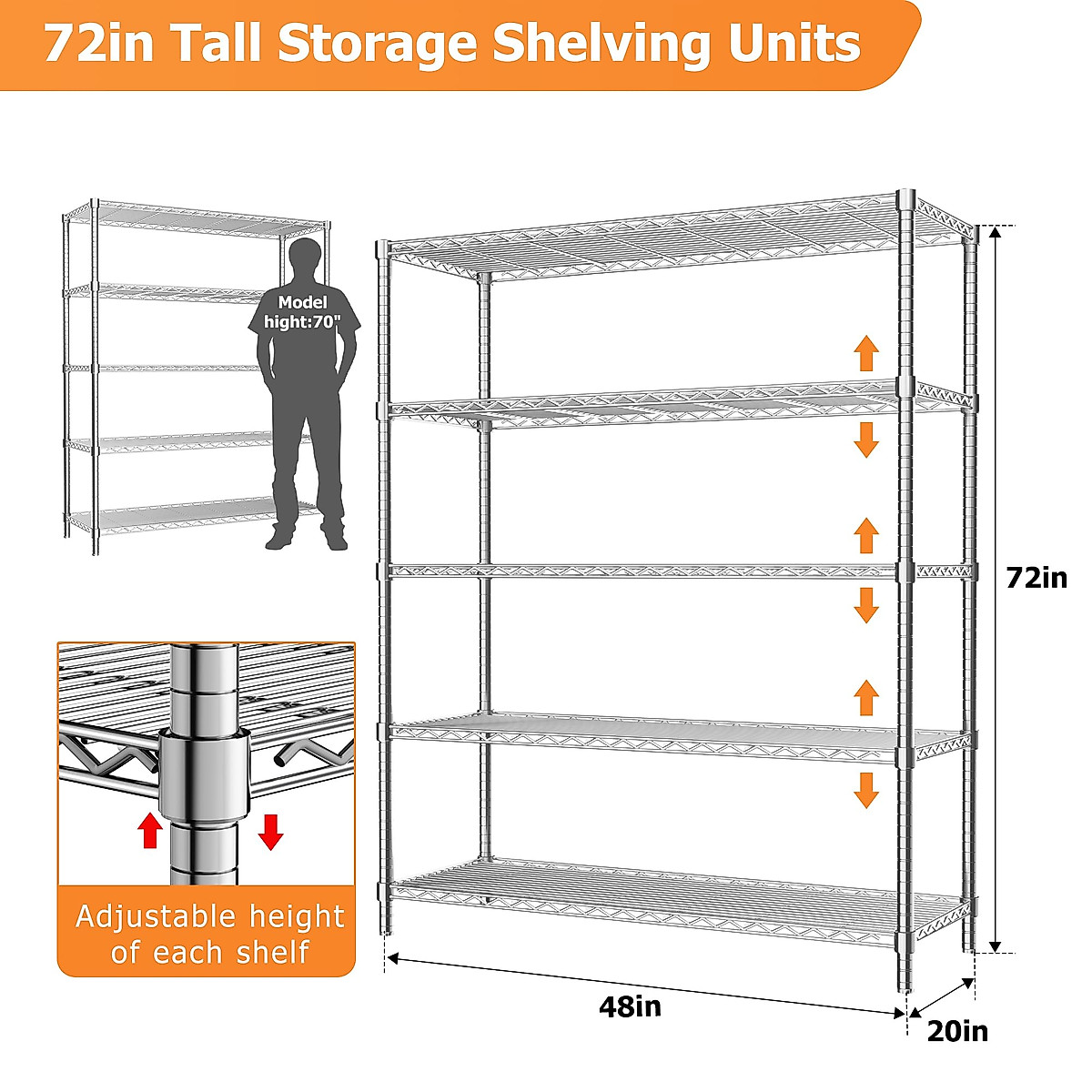 Storage Shelves Heavy Duty, 48" L x 20" W x 72" H Garage Wire Shelving Unit Loads 2000LBS, 5-tier Adjustable Metal Industrial Utility Shelf Rack for Kitchen, Laundry Room, Pantry, Warehouse, Basement
