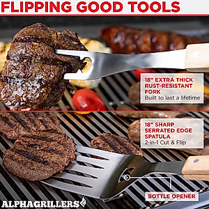 Alpha Grillers Grill Set Heavy Duty BBQ Accessories - BBQ Gifts Tool Set 4pc Grill Accessories with Spatula, Fork, Brush & BBQ Tongs - Grilling Cooking Gifts for Men Dad Durable, Stainless Steel