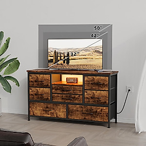 Jojoka 8 Dresser TV Stand with Power Outlet & LED for 55'' TV, Long Dresser for Bedroom with 8 Deep Drawers, Wide Console Table for Storage in Closet, Living Room, Entryway, Wood Top