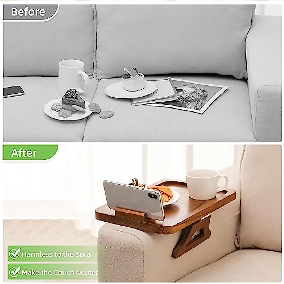 GEHE Acacia Wood Couch Arm Table, Folding Sofa Arm Table with 360 Rotating Phone Bracket, Wooden Couch Arm Tray for Small Spaces, Sofa table for Eating and Drinking, Back Non-slip Pad