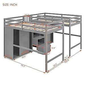 BOVZA Double Twin Size Loft Bed with Storage Stairs and 2 Wardrobes, Wood Loft Bed Frame with Staircase for 2 Kids Girls Boys Teens, Gray